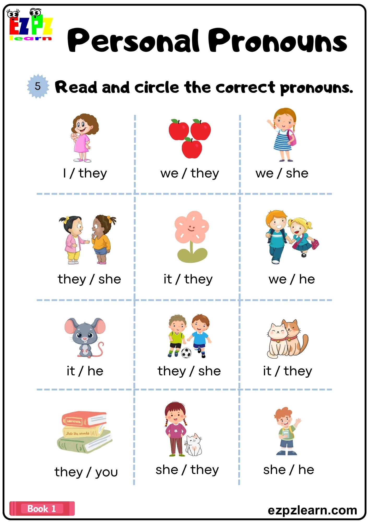 Personal Pronouns Read and Circle the Correct Pronouns Grammar Worksheet Book 1 - Ezpzlearn.com